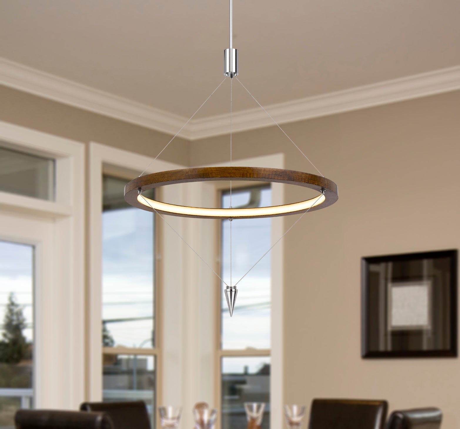 Viterbo integrated dimmable LED pine wood pendant fixture with suspend ...
